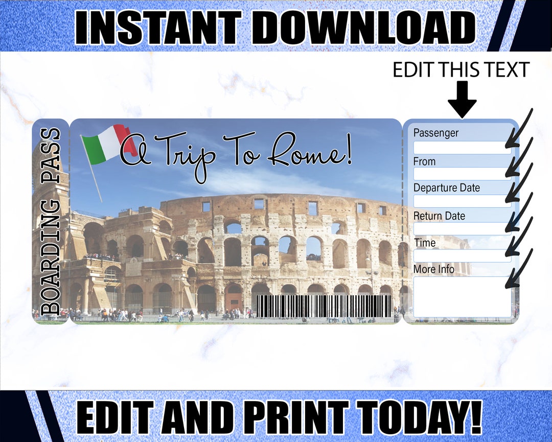 Rome Boarding Pass Ticket, Printable Airline Ticket Trip Reveal ...