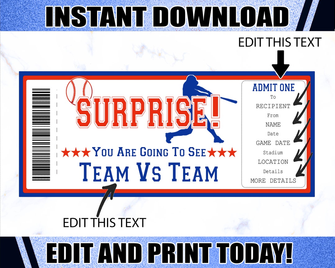 Baseball Game Ticket, Birthday Baseball Ticket, Printable Baseball ...