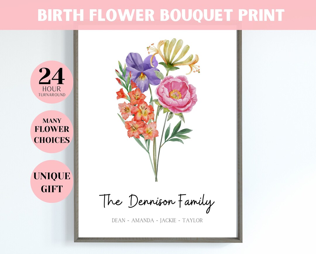 Birth Flower Family Bouquet, Birth Month Flower Art Custom, Hand Drawn ...