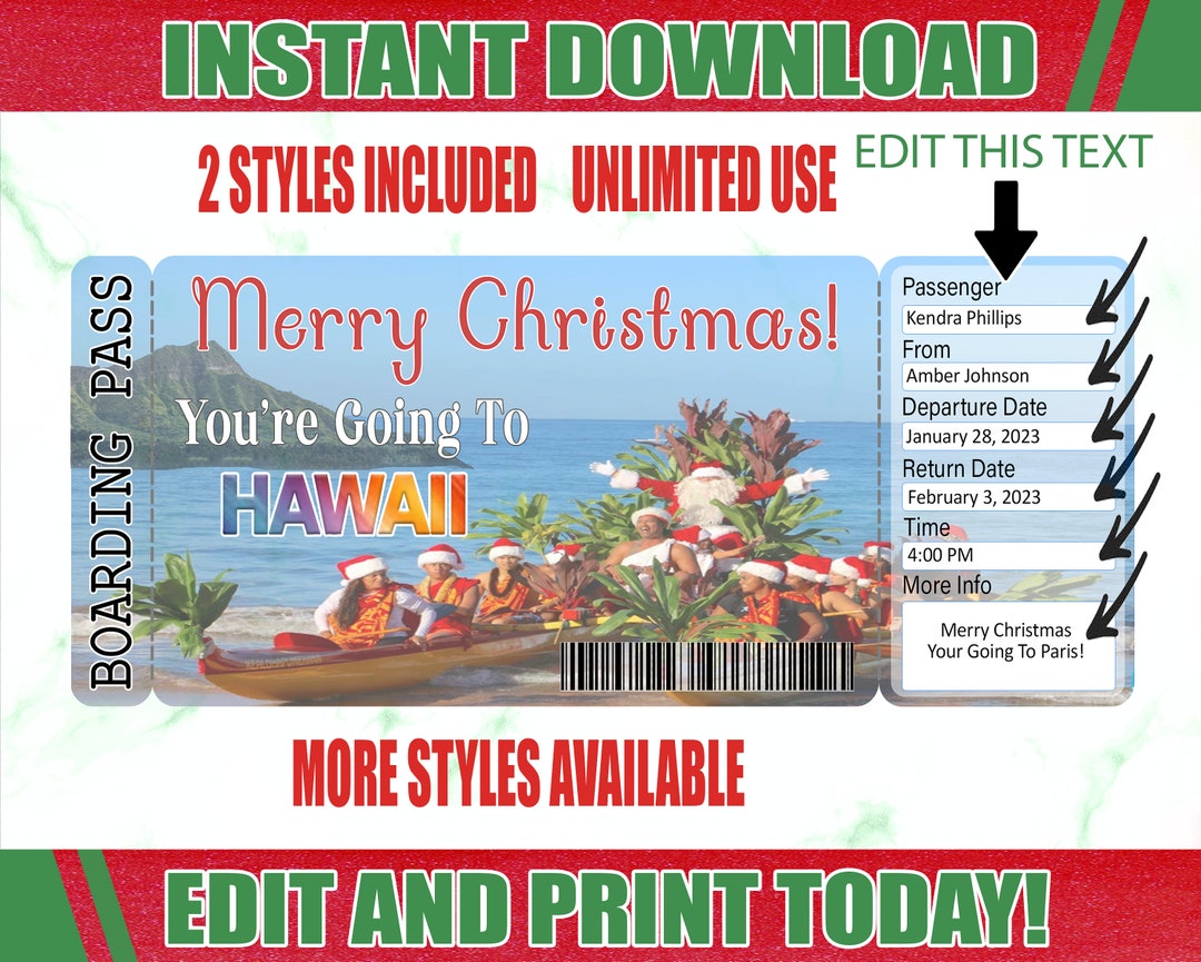 Hawaii Christmas Boarding Pass Ticket, Printable Airline Ticket Trip ...