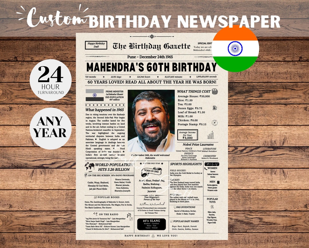 60th Birthday Newspaper INDIA, 60th Birthday Gift for Men or Women, 60 ...