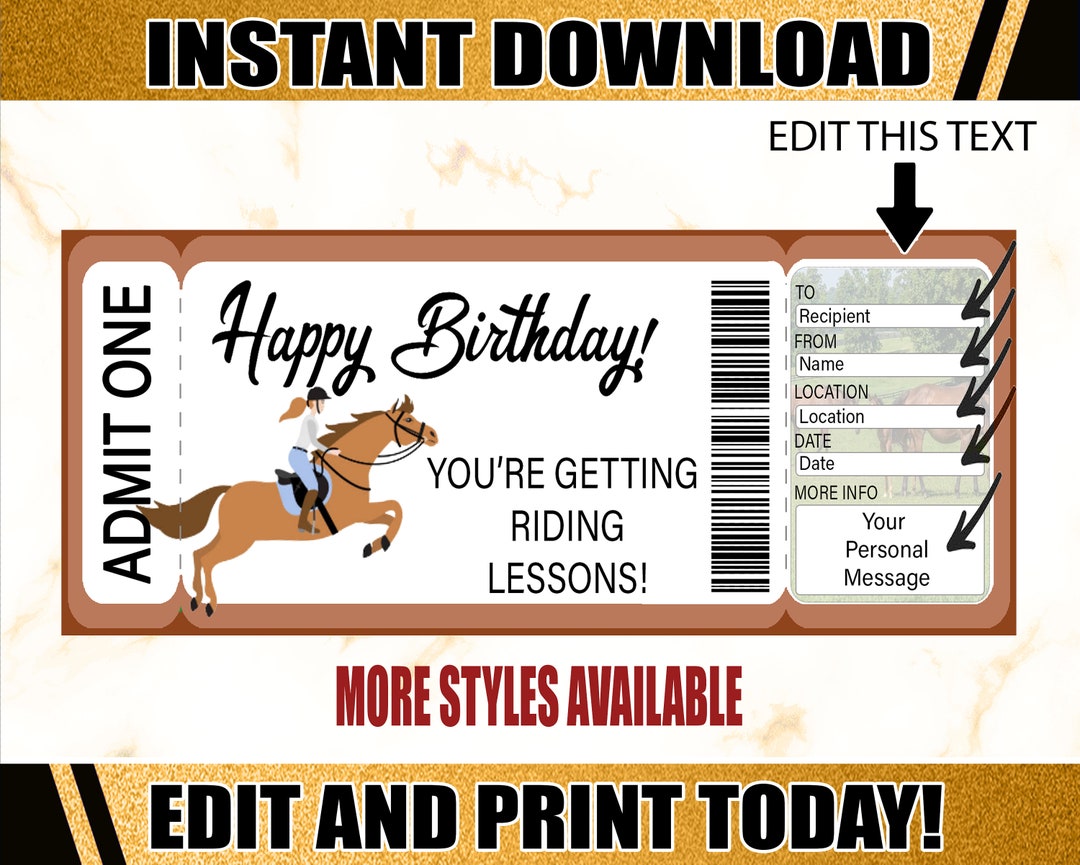 Horseback Riding Gift Certificate Ticket - Printable Birthday Ticket ...