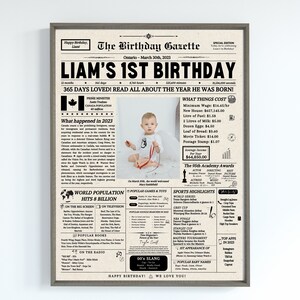 1st Birthday Newspaper Poster Sign CANADA, 1st Birthday Gift for Son or ...