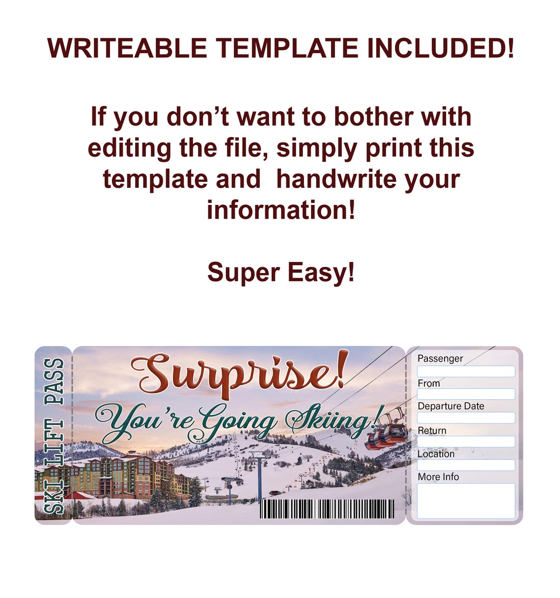 Skiing Pass Ticket Printable Skiing Ticket Ski Trip Reveal - Etsy