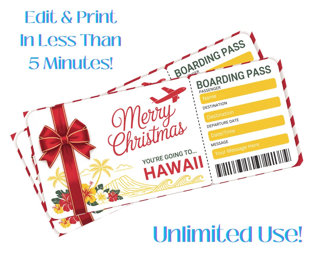 Hawaii Christmas Boarding Pass Ticket, Printable Airline Ticket Trip ...
