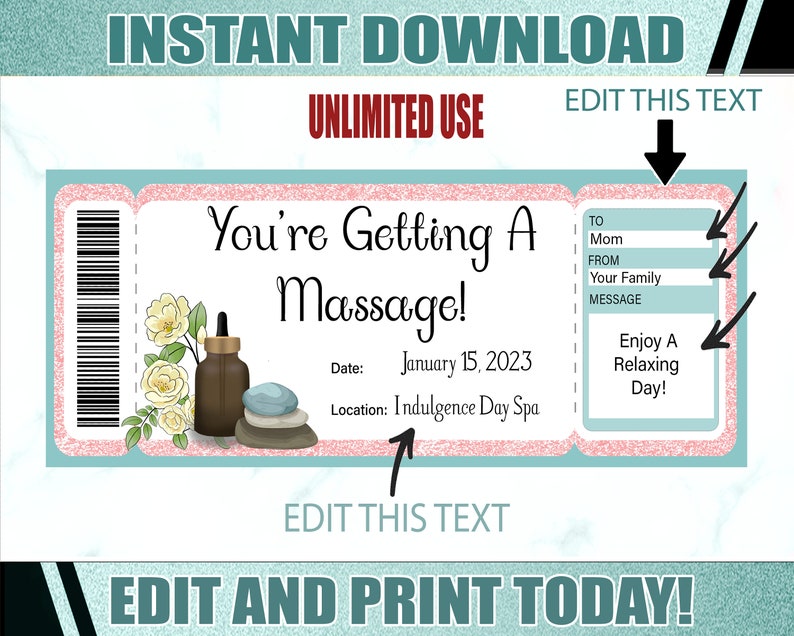 Massage Gift Ticket Massage Printable Certificate Editable Massage Gift ...