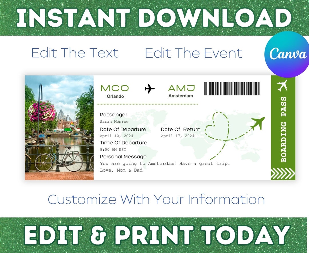 Amsterdam Boarding Pass Ticket, Printable Airline Ticket Trip Reveal ...