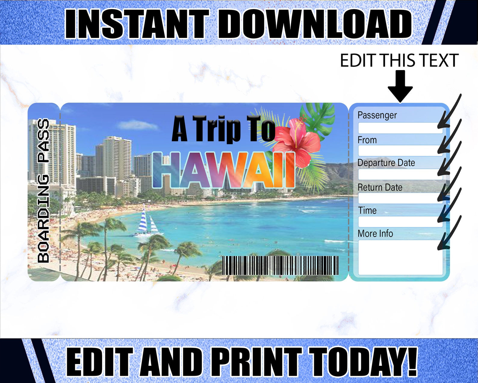 Hawaii Boarding Pass Ticket Printable Airline Ticket Trip | Etsy