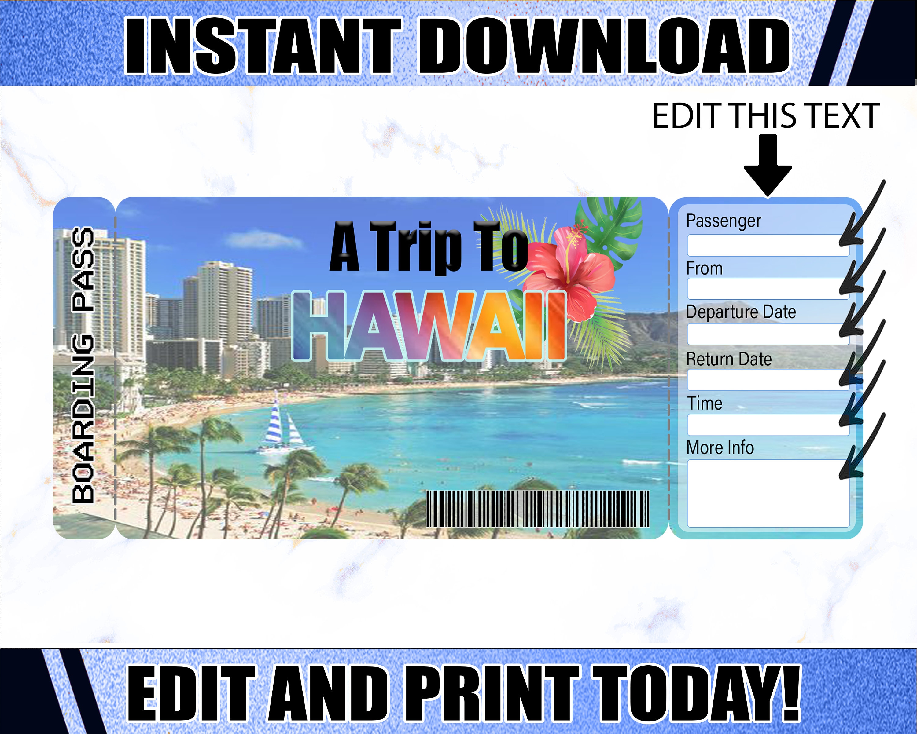 Hawaii Boarding Pass Ticket Printable Airline Ticket Trip | Etsy