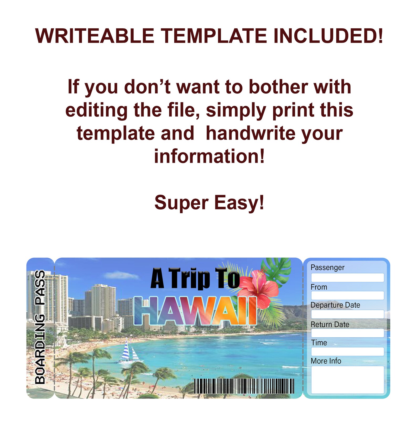 Hawaii Boarding Pass Ticket Printable Airline Ticket Trip | Etsy