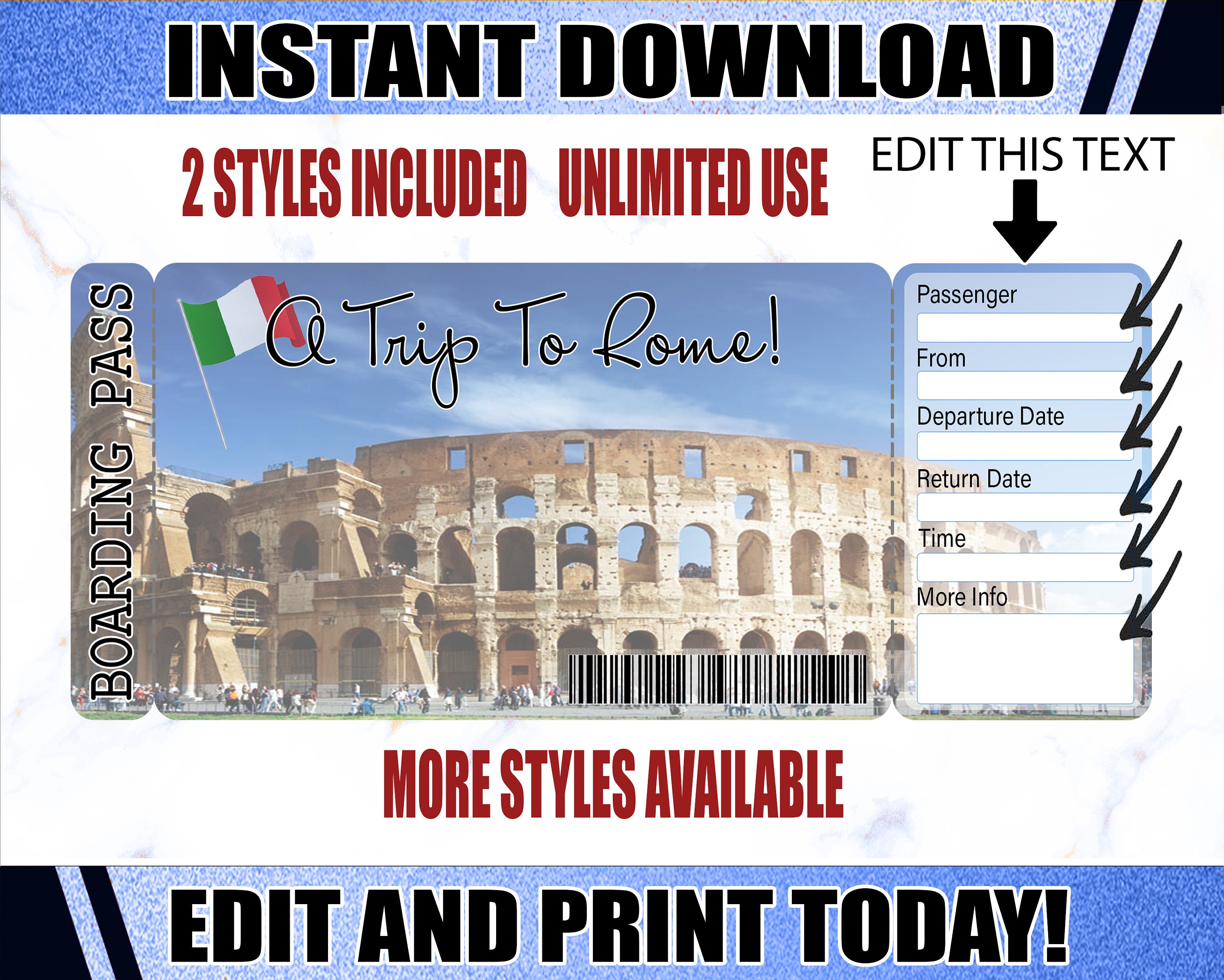 Rome Boarding Pass Ticket Printable Airline Ticket Trip - Etsy UK