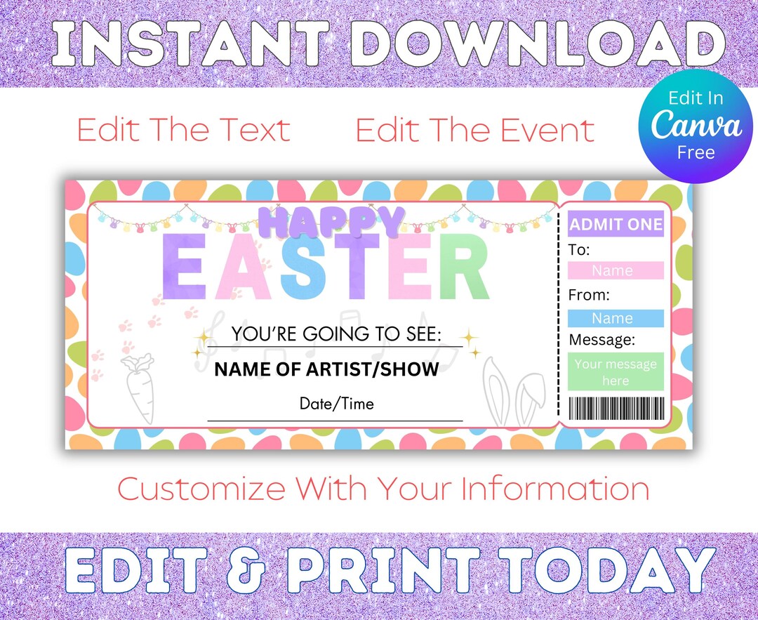 Printable Easter Concert Ticket: Editable Surprise Gift (PDF) - Etsy