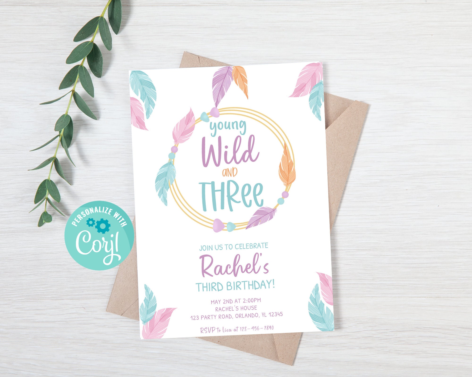 Young Wild and Three Party Invitation, Instant Download, Boho Birthday ...