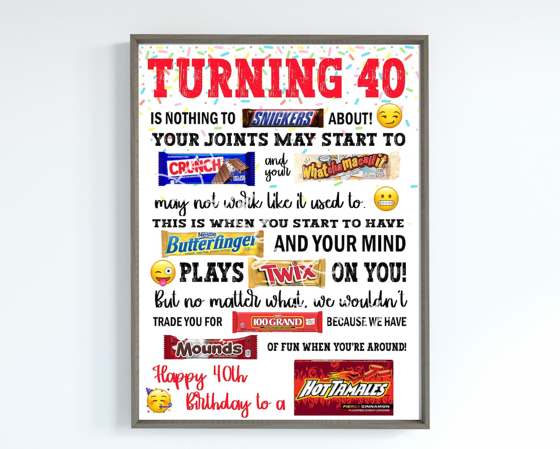 40th Birthday Candy Poster, Birthday Candy Sign, 40th Birthday Gifts ...