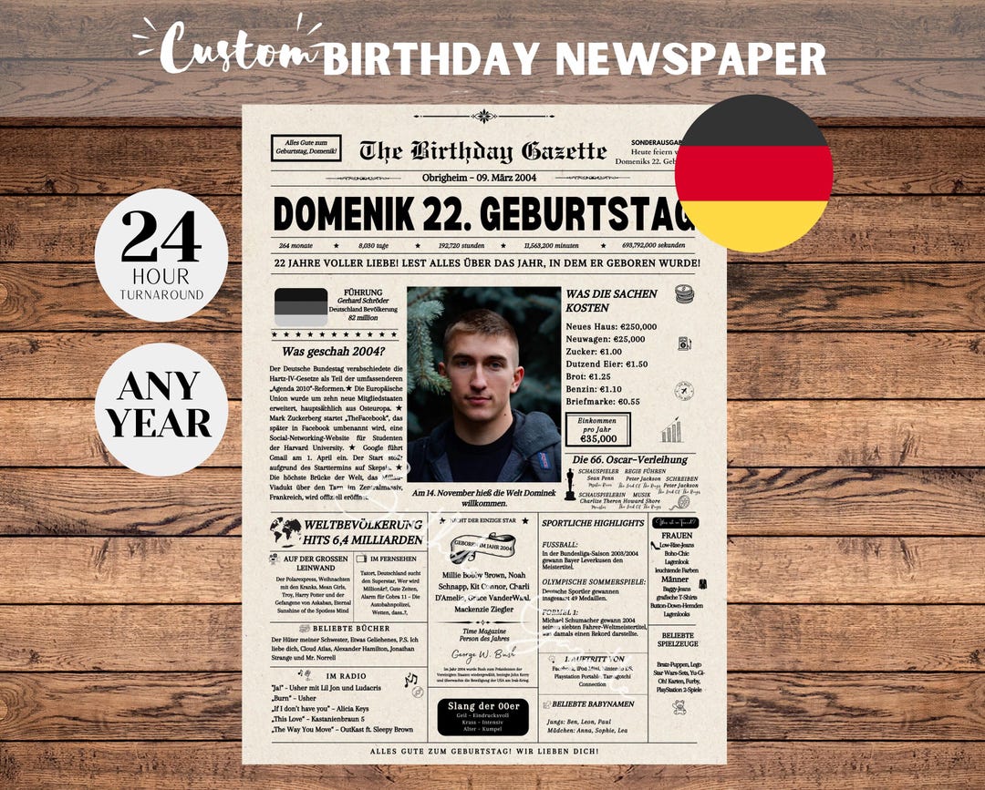 22nd Birthday Newspaper GERMANY, Birthday Gift for Him or Her, Custom ...