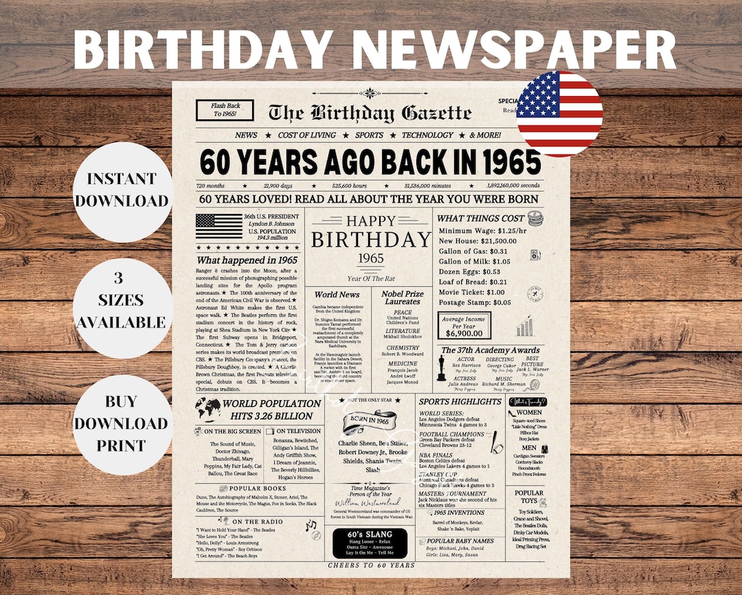 60th Birthday Newspaper Sign 1965, 60th Birthday Gift for Men or Women ...