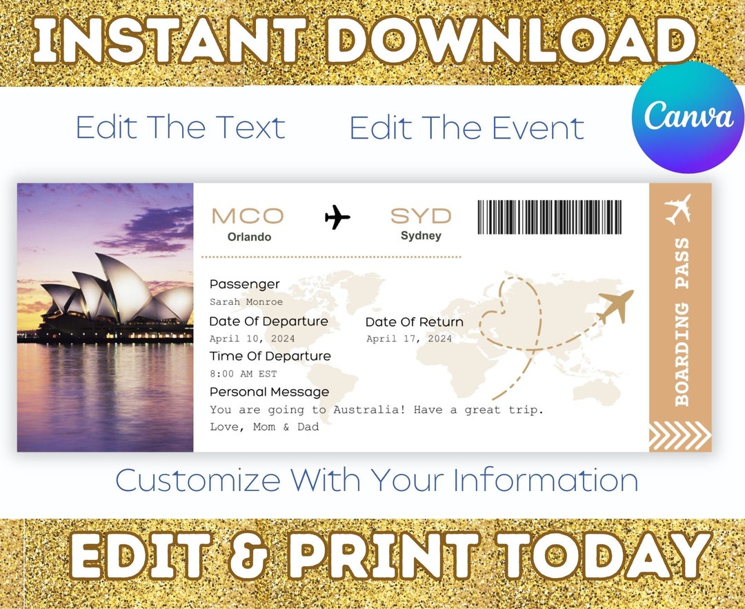 Australia Boarding Pass Ticket, Printable Airline Ticket Trip Reveal ...