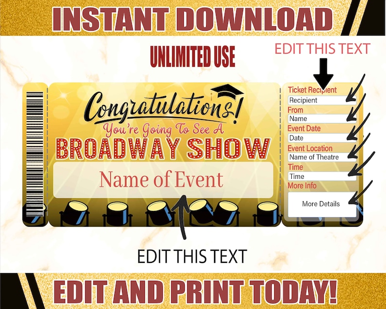 Broadway Congratulations Gift Voucher Ticket Printable - Etsy