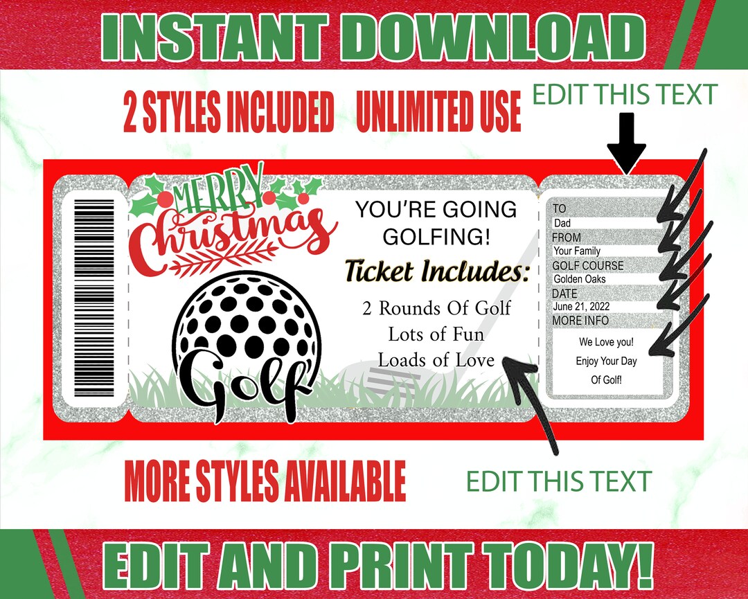 Christmas Golf Ticket, Printable Golf Gift Certificate Ticket, Editable ...