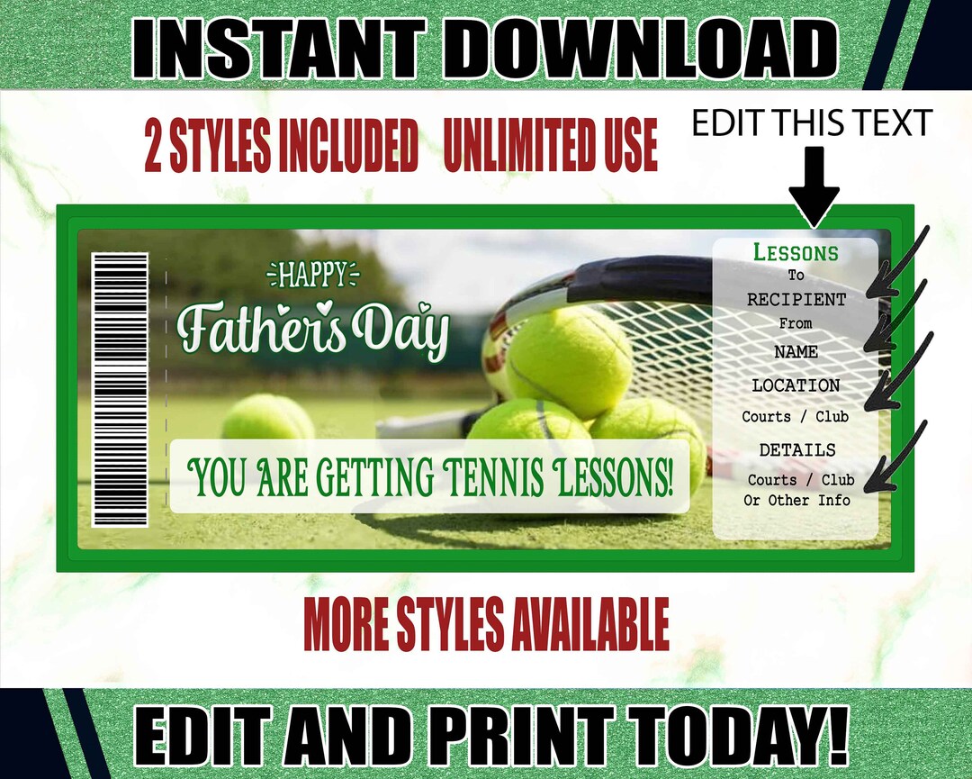 Tennis Lessons Ticket, Father's Day Tennis Ticket, Printable Tennis ...