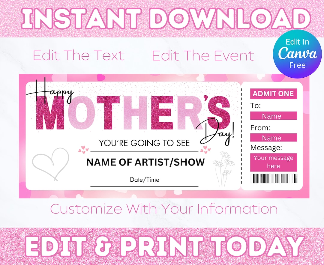 Mother's Day Concert Ticket Download, Gift Reveal Ticket, Mother's Day ...