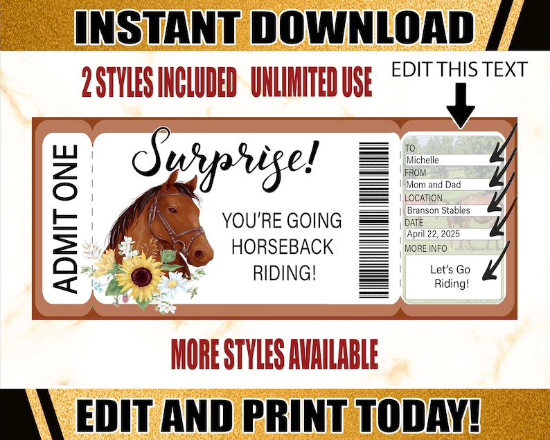 Horseback Riding Gift Certificate Ticket Printable Surprise - Etsy