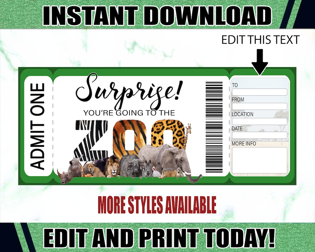 Zoo Printable Ticket. Surprise Zoo Ticket. Printable Zoo Gift Ticket ...