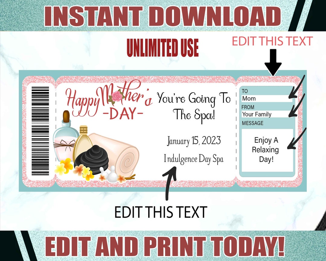 Mother's Day Spa Day Ticket Template, Anniversary Gifts, Last Minute ...