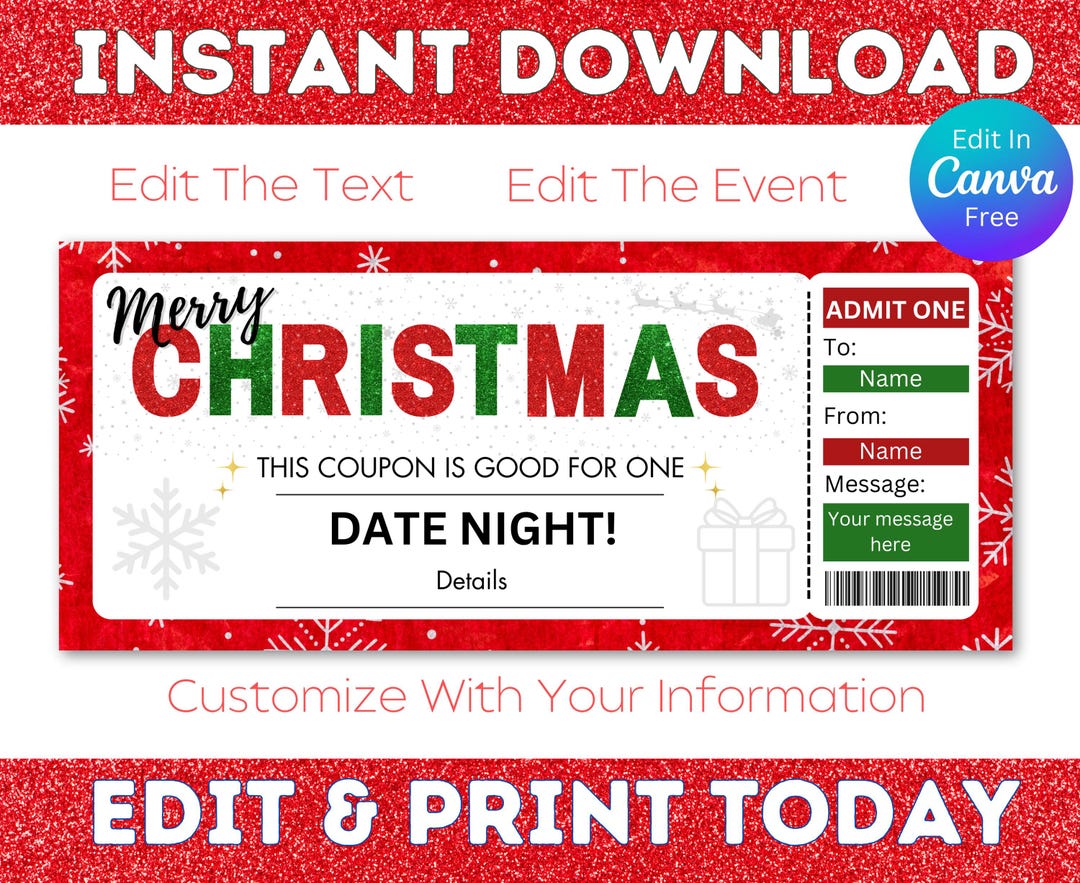 Christmas Date Night Ticket, Printable Date Voucher, Dinner Date Coupon ...