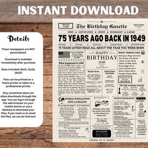 75th Birthday Newspaper Sign, 75th Birthday Gift for Men or Women, 75 ...