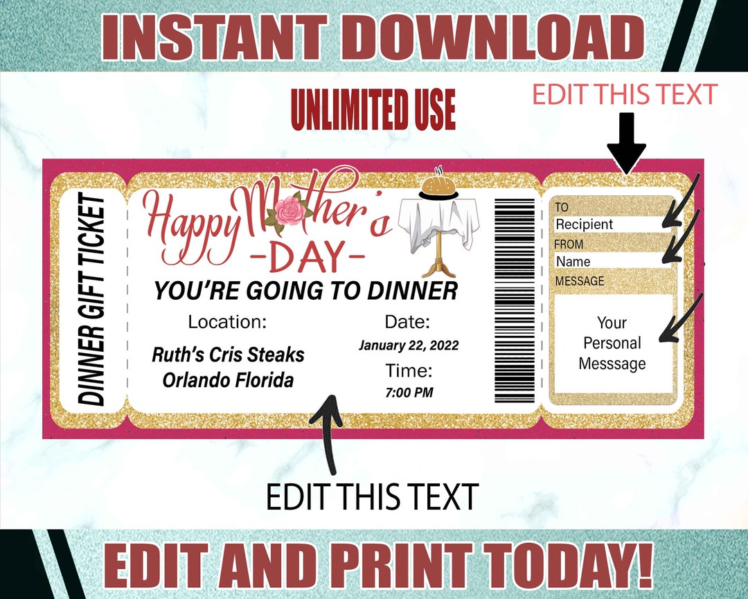 Mother's Day Dinner Ticket , Printable Dinner Ticket, Editable Dinner ...