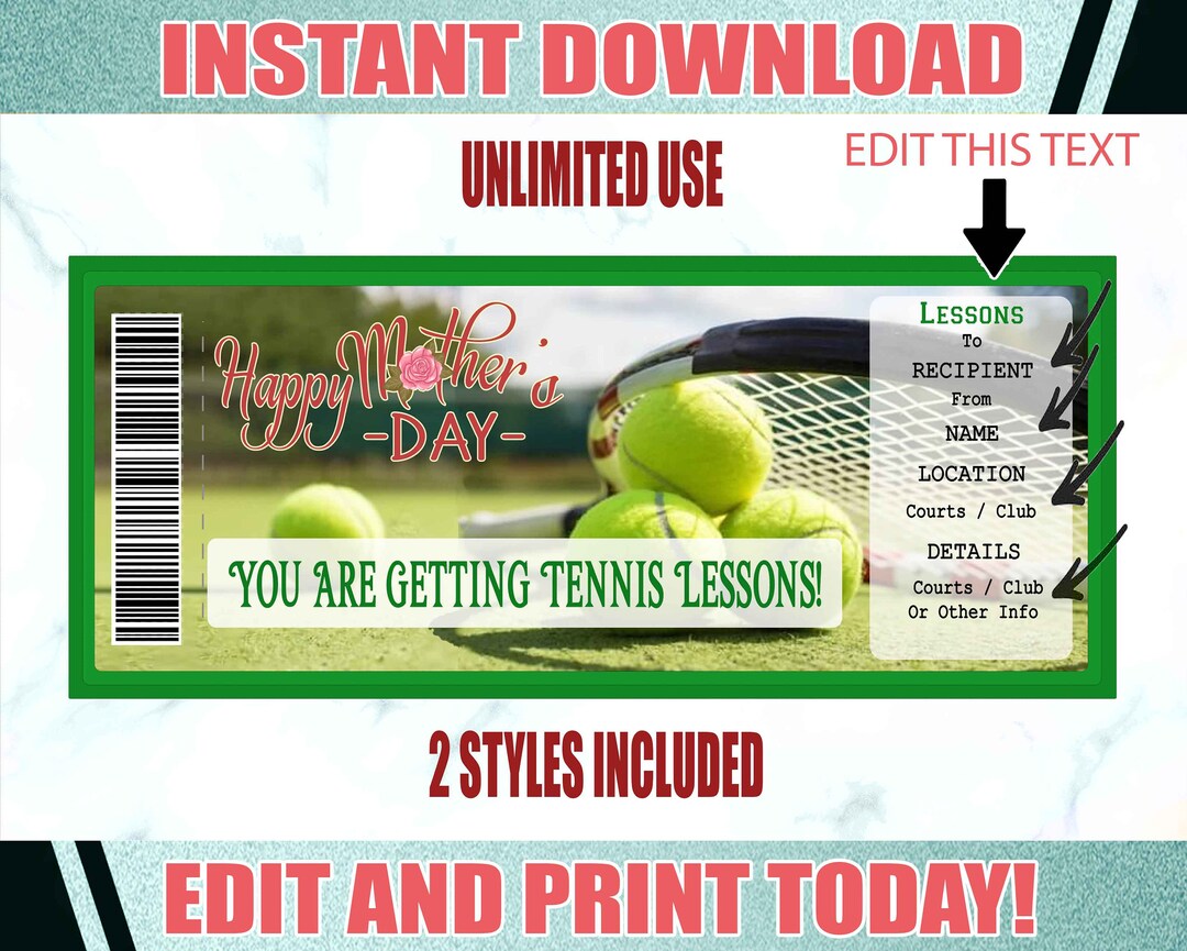Tennis Lessons Ticket, Mother's Day Tennis Ticket, Printable Tennis ...