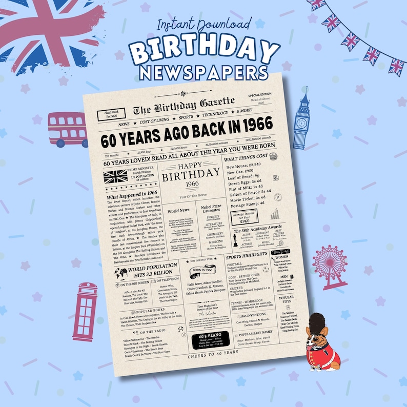 60th Birthday Newspaper UK Poster, UK 1966 Facts, Newspaper From the ...