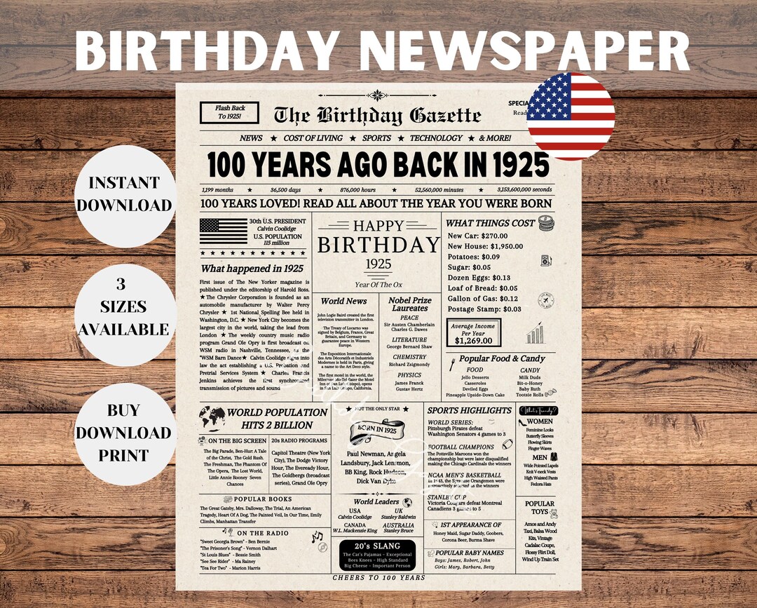 100th Birthday Newspaper Sign 1925, 100th Birthday Gift for Men or ...