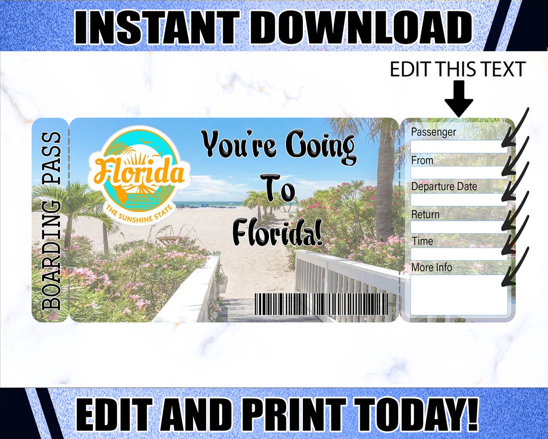Florida Boarding Pass Ticket, Trip to Florida, Printable Airline Ticket ...