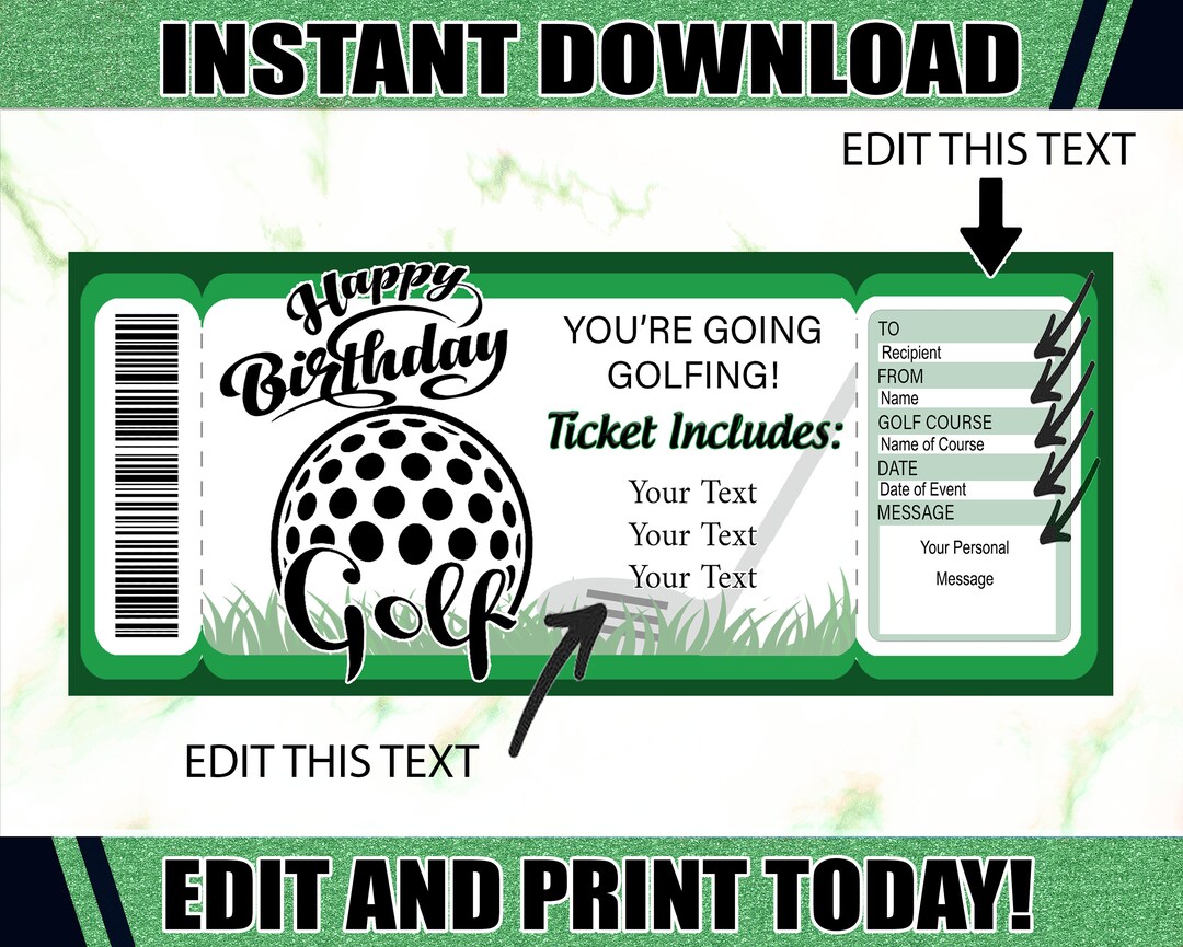Golf Birthday Ticket, Printable Golf Gift Certificate Ticket, Editable ...