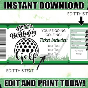 Golf Birthday Ticket, Printable Golf Gift Certificate Ticket, Editable ...
