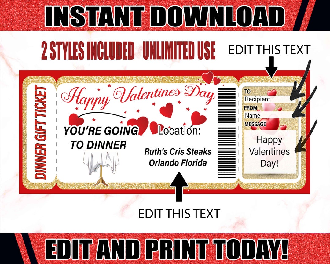 Valentine Dinner Ticket , Printable Valentine Dinner Ticket, Editable Dinner Voucher, Surprise ...