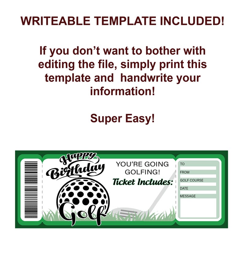 Golf Birthday Ticket, Printable Golf Gift Certificate Ticket, Editable ...