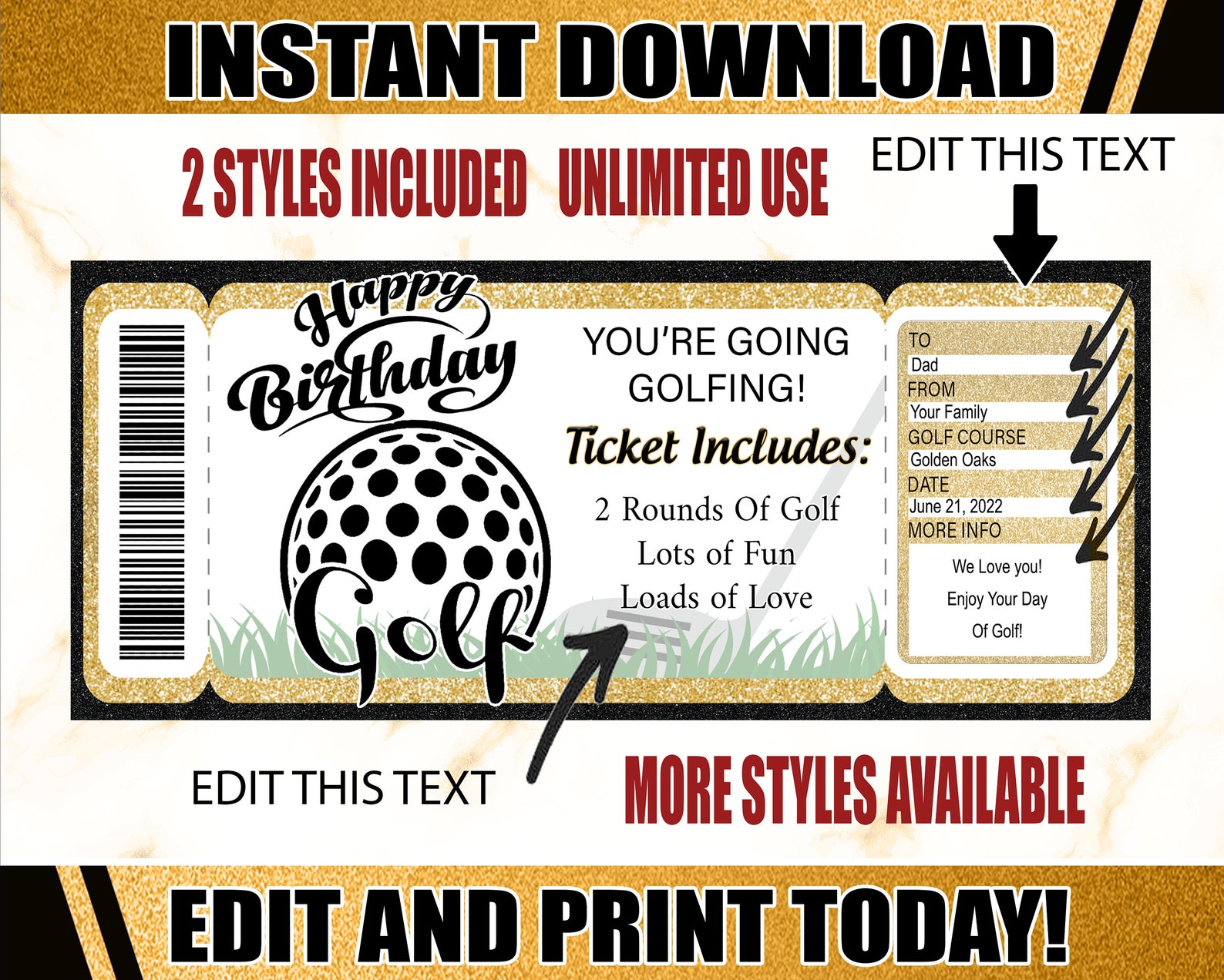 Golf Birthday Ticket Printable Golf Gift Certificate Ticket | Etsy