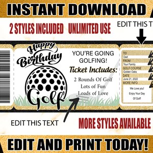 Golf Birthday Ticket, Printable Golf Gift Certificate Ticket, Editable ...