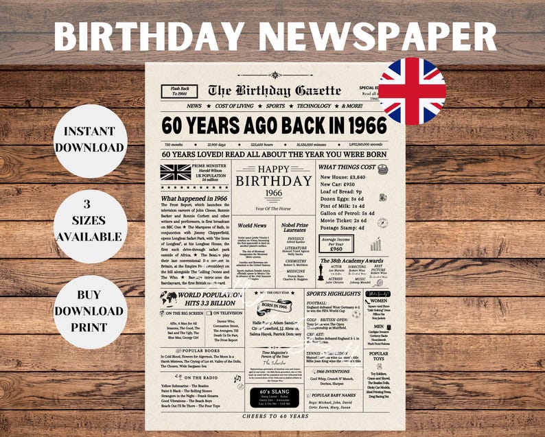 60th Birthday Newspaper UK Poster, UK 1966 Facts, Newspaper From the ...