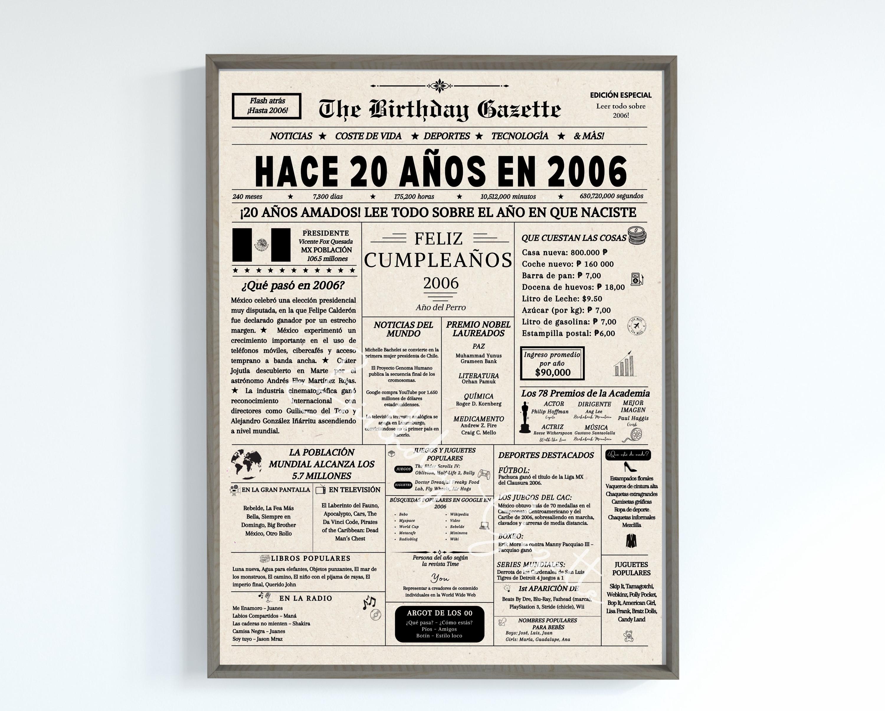 20th Birthday Mexican Newspaper Poster: 2006 Birth Year Facts From ...