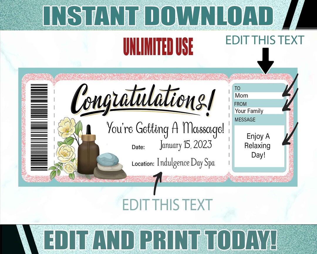 Massage Congratulations Ticket, Massage Voucher, Printable Ticket ...