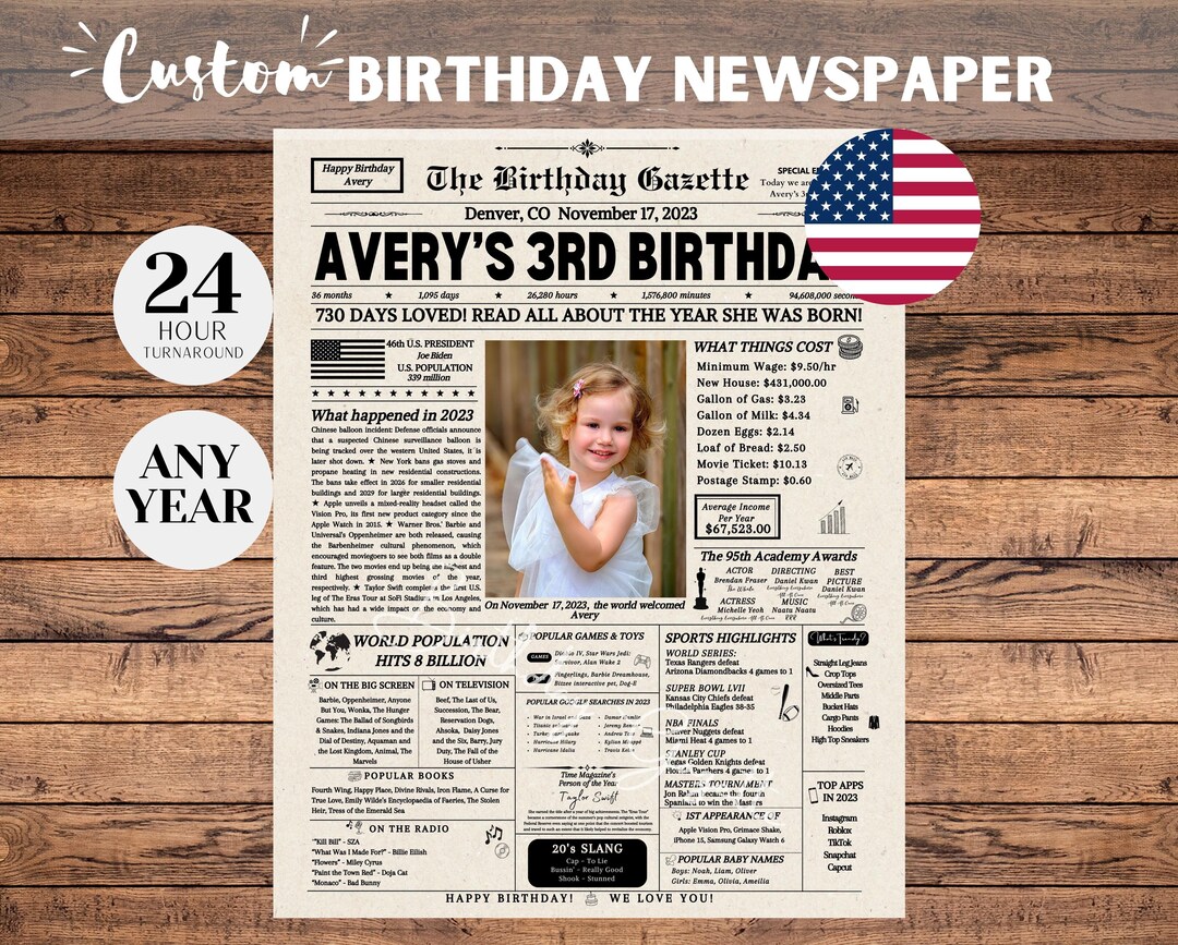 3rd Birthday Newspaper Poster Sign, 3rd Birthday Gift for Son or ...