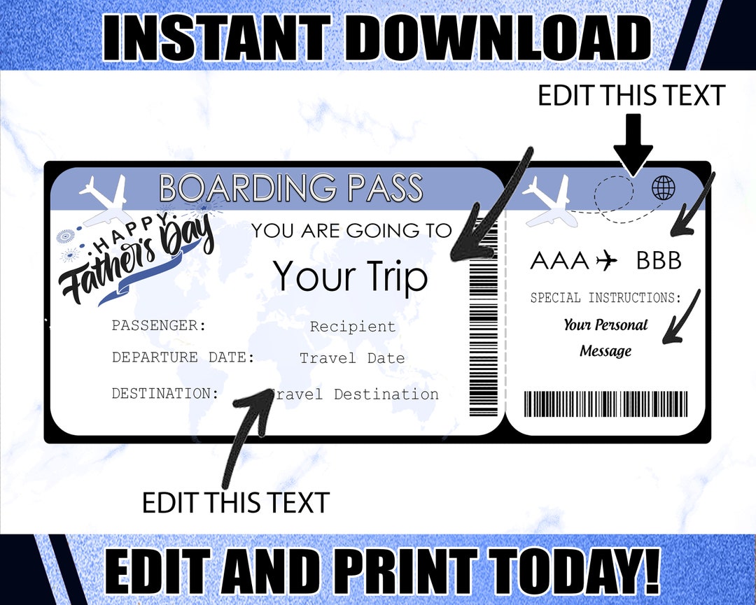 Boarding Pass Ticket Father's Day, Airplane Ticket Printable Boarding ...