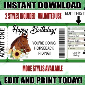 Horseback Riding Gift Certificate Ticket Printable Birthday Ticket for ...