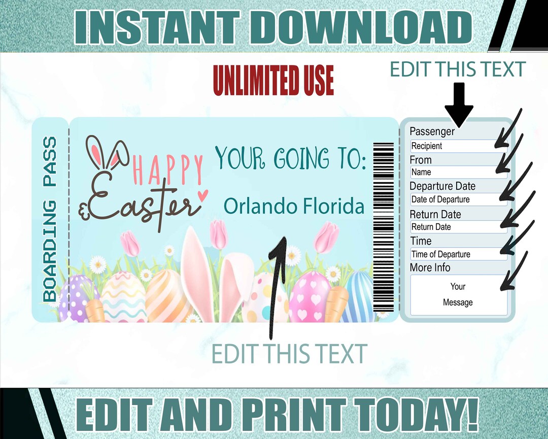 Easter Boarding Gift Ticket Easter Trip Printable Certificate Editable ...