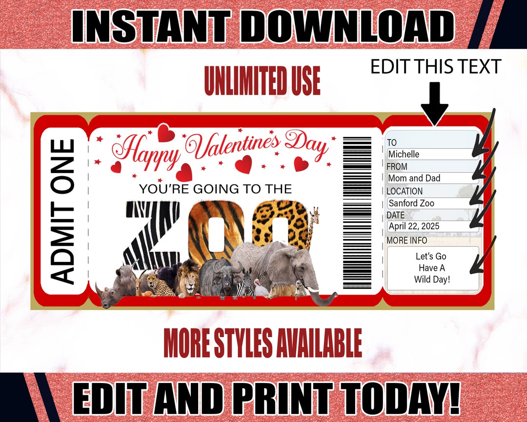 Valentines Zoo Gift, Valentines Day Ticket, Zoo Trip Reveal Ticket ...
