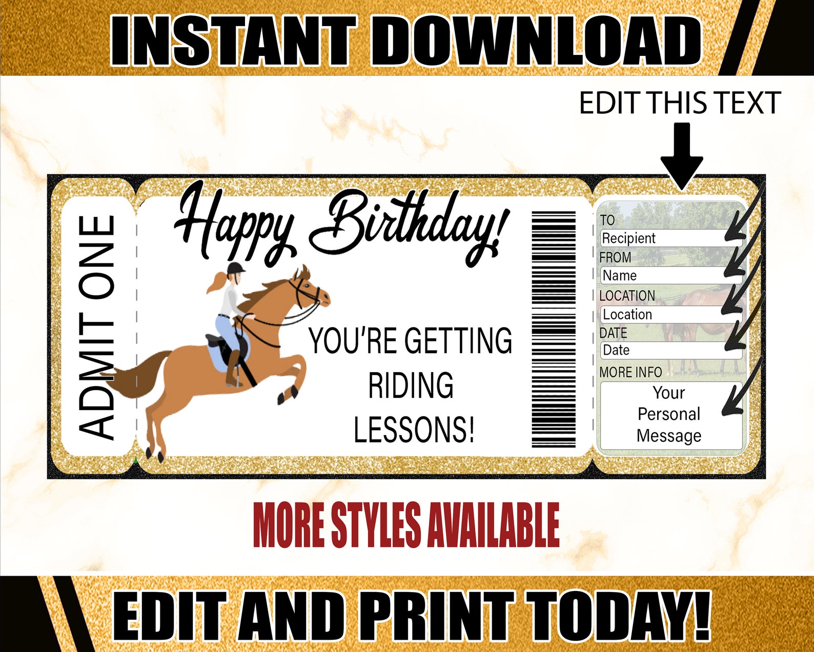 Horseback Riding Gift Certificate Ticket Printable Birthday Ticket for ...